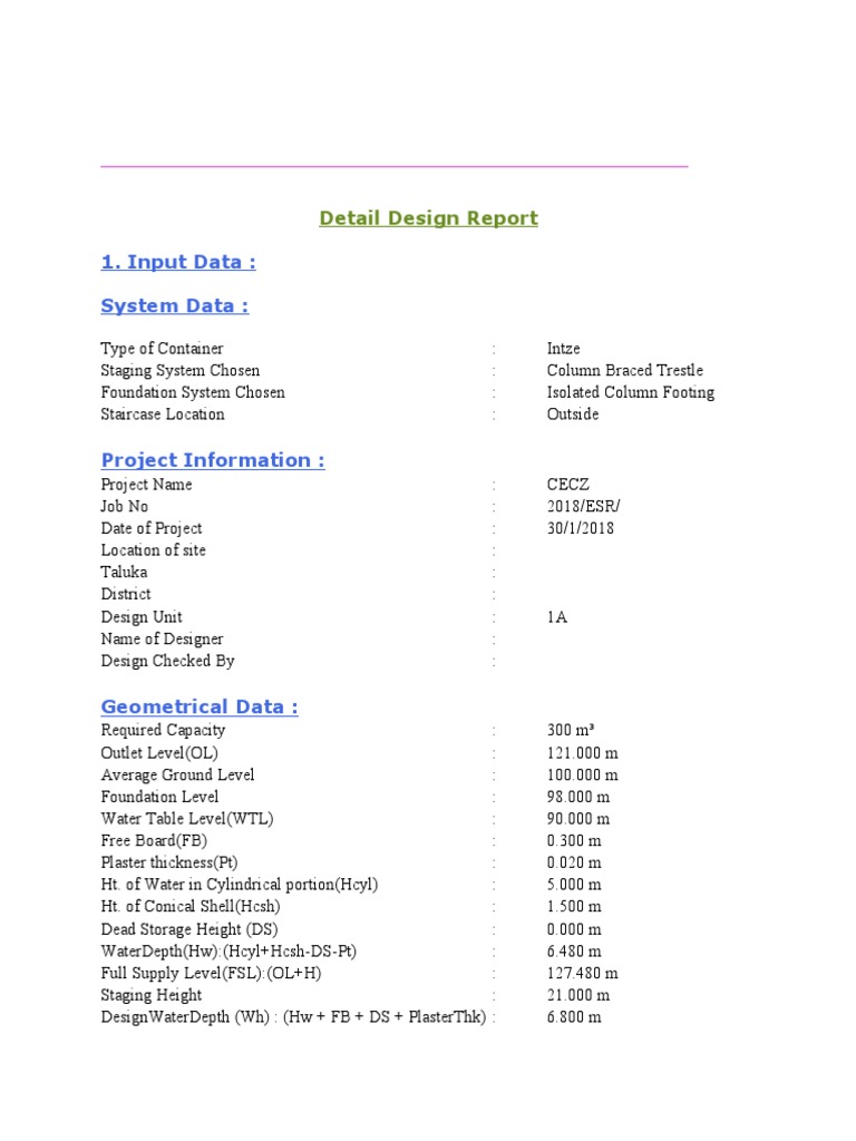 Intze Tank Design Report | PDF | Beam (Structure) | Stress (Mechanics)
