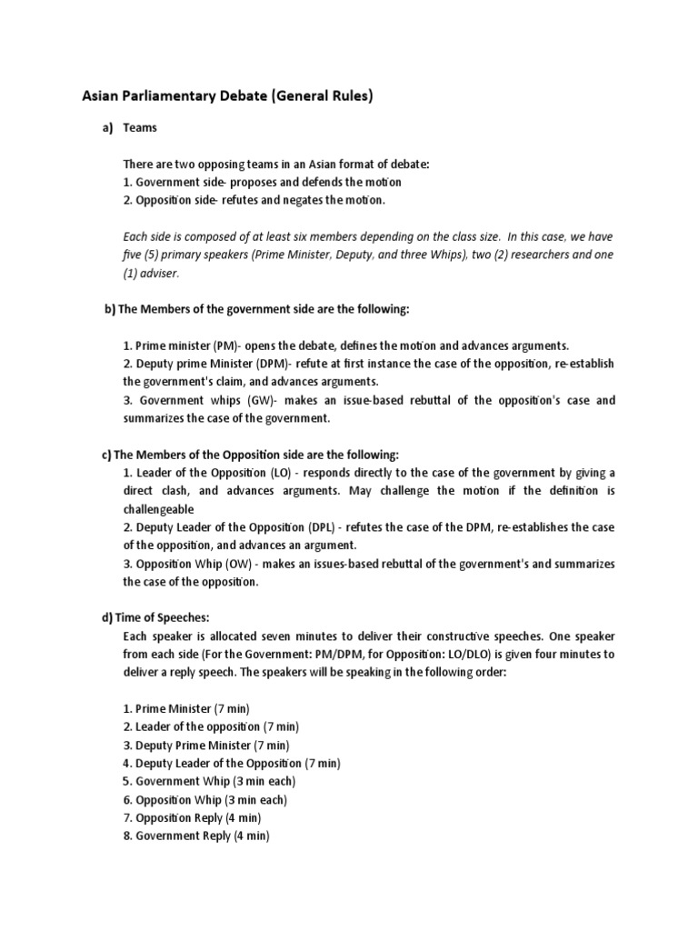 Asian Parliamentary Debate (General Rules) : A) Teams | PDF ...