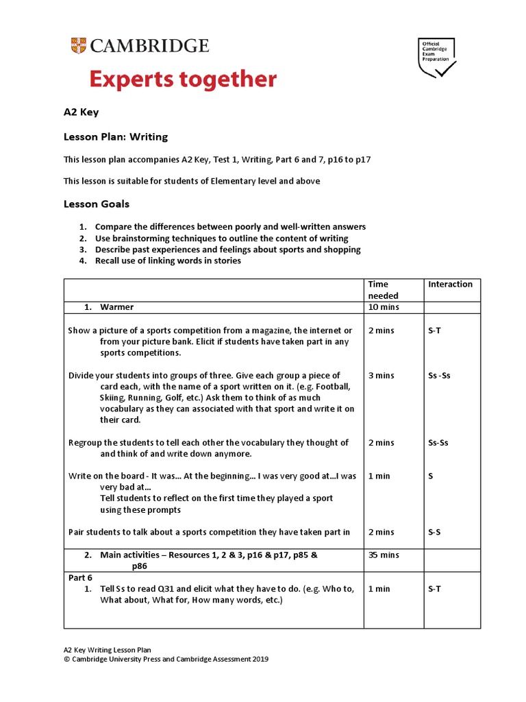 A2 Key Writing Lesson Plan © Cambridge University Press and Cambridge ...