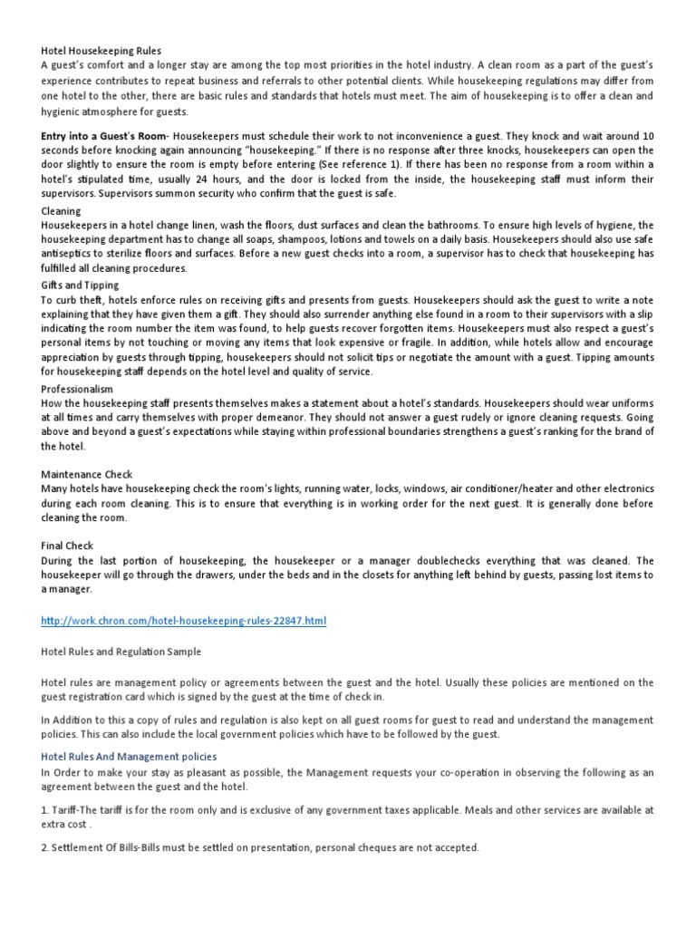 Hotel Codes Rules and Regs | PDF | Gratuity | Housekeeping