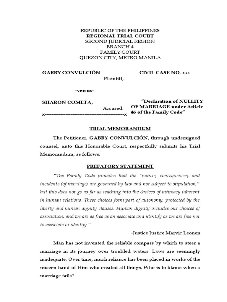 Sample Trial Memo Psychological Incapacity | PDF | Marriage | Annulment