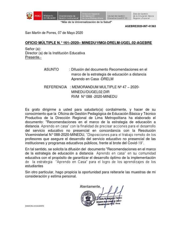 Oficio Múltiple 161-2020-ugel02