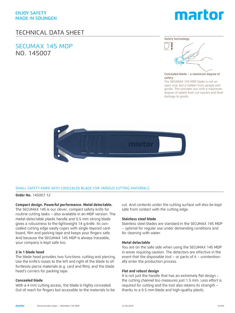 Secumax 145 MDP: Technical Data Sheet | PDF | Knife | Sheet Metal