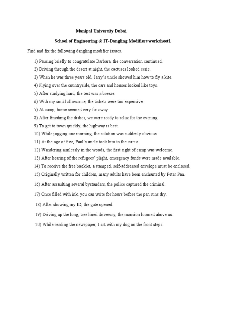 Fixing Dangling Modifiers Worksheet | PDF | Young Adult