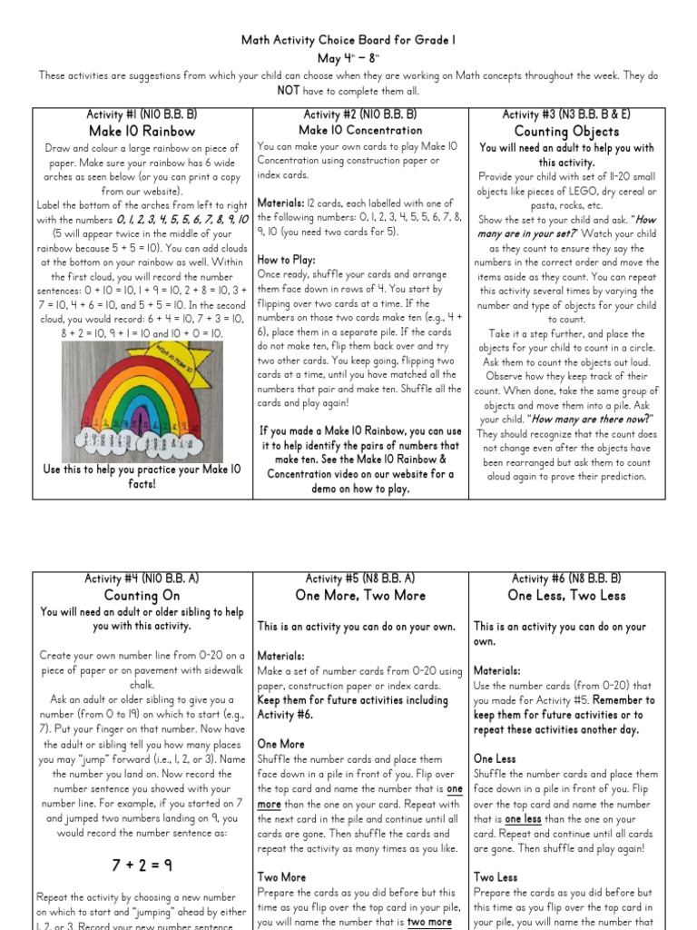 Math Activity Choice Board For Grade 1 - May 4th-8th | PDF