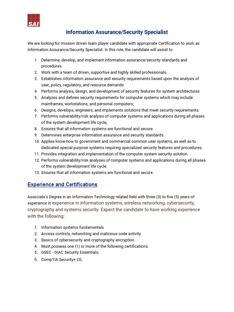 Information Assurance/Security Specialist: Experience and ...