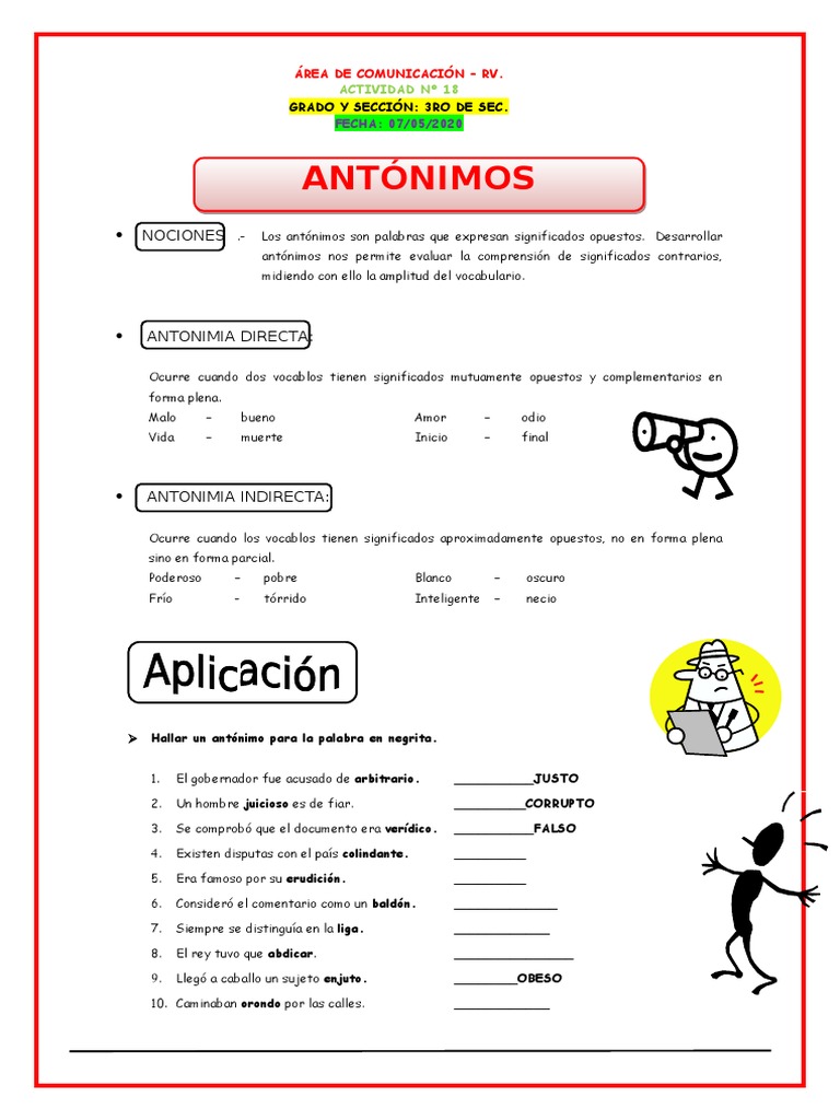 Ficha Antónimos para 3ro de Sec | PDF