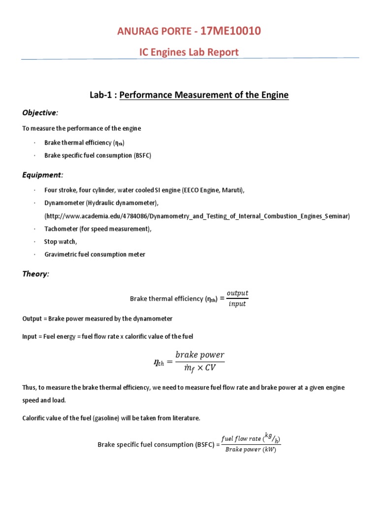 Anurag Porte - IC Engines Lab Report: Lab-1: Performance Measurement of ...