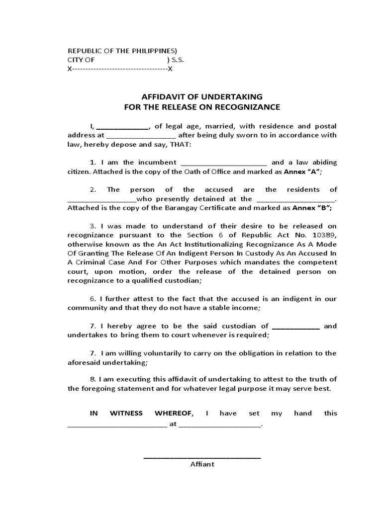 Affidavit of Undertaking for Release | PDF
