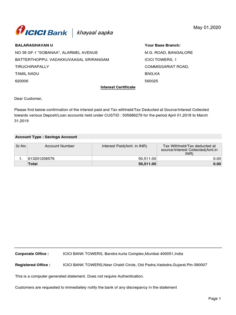 ICICI Bank Interest Certificate Download | PDF