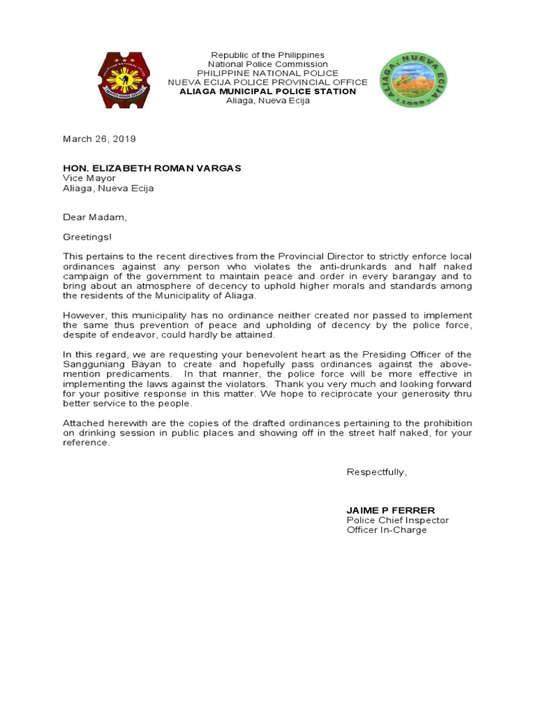 APS Letter Request For Sangguniang Bayan To Approve Ordinances | PDF