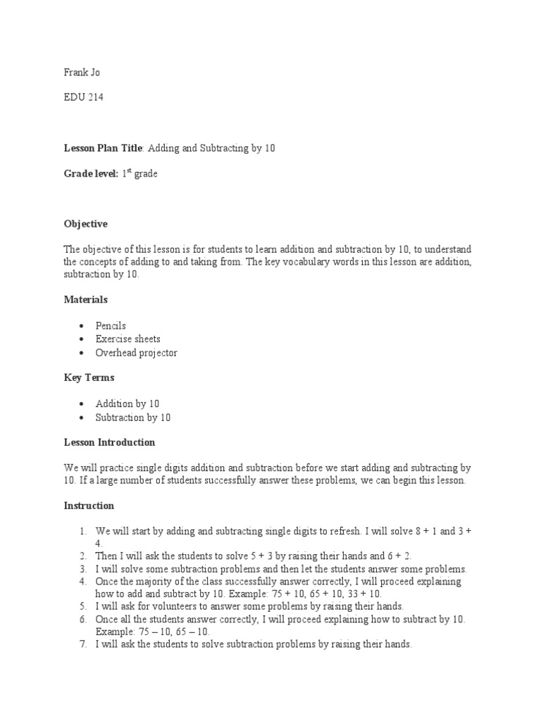 Lesson Plan Title: Adding and Subtracting by 10 Grade Level: 1 | PDF ...
