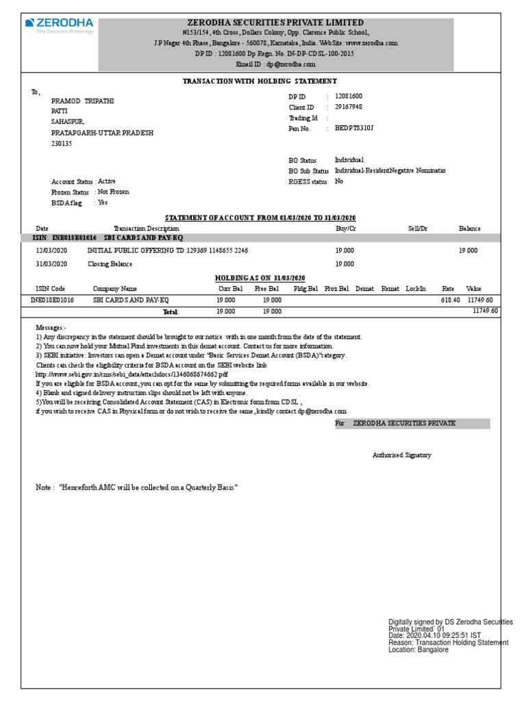 Zerodha Securities Private Limited: Transaction With Holding Statement ...