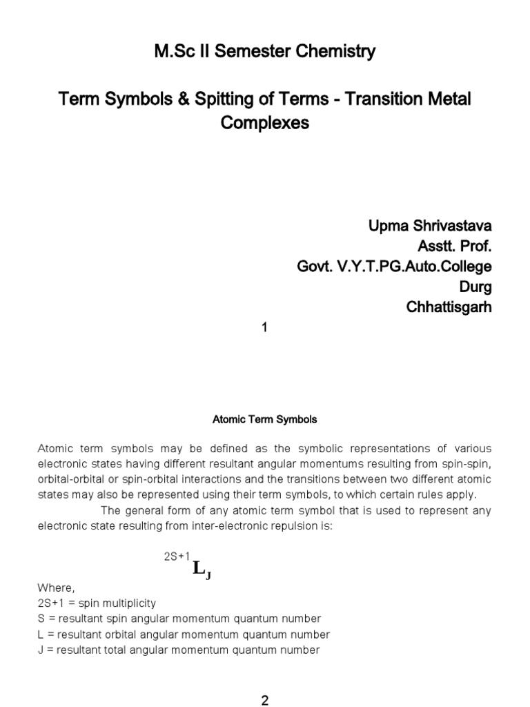 M.SC II Semester Chemistry Term Symbols & Spitting of Terms ...