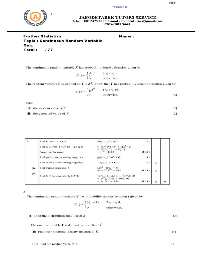 Continous Random Variable Ans Pdf 