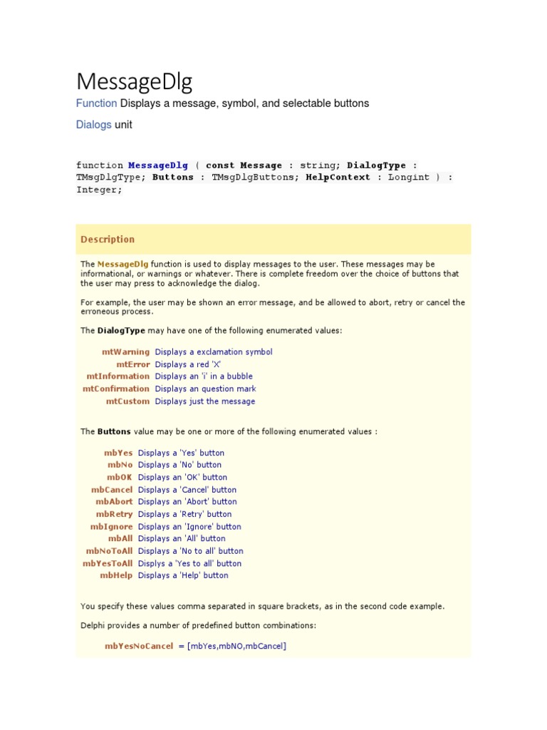 Command MessageDlg - Delphi | PDF | Dialog Box | Software Engineering