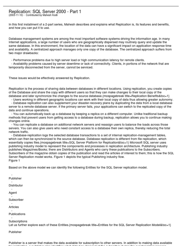 An Introduction to Database Replication in SQL Server 2000 - Part 1 | PDF | Replication ...