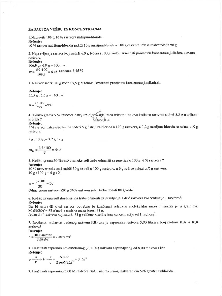 Rijeseni Zadaci - Koncentracije Rastvora | PDF