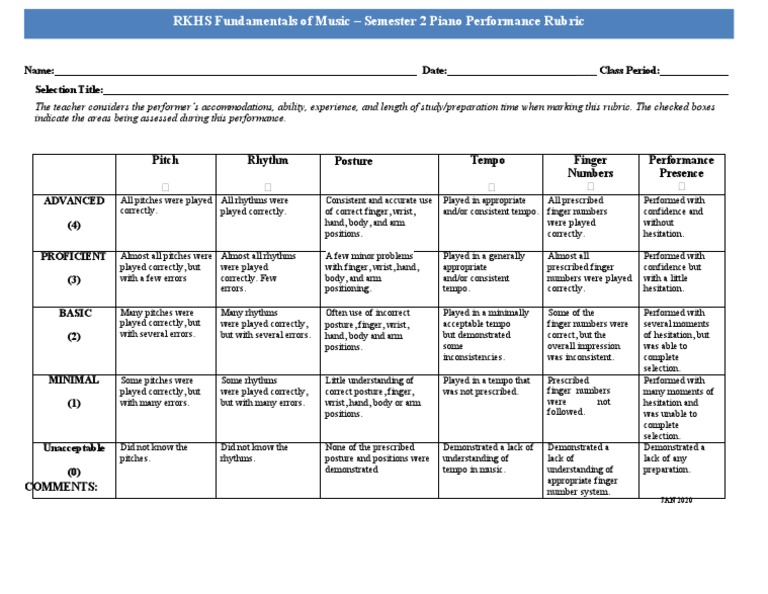 FUND of MUSIC Piano Performance Rubric | PDF | Hand | Tempo