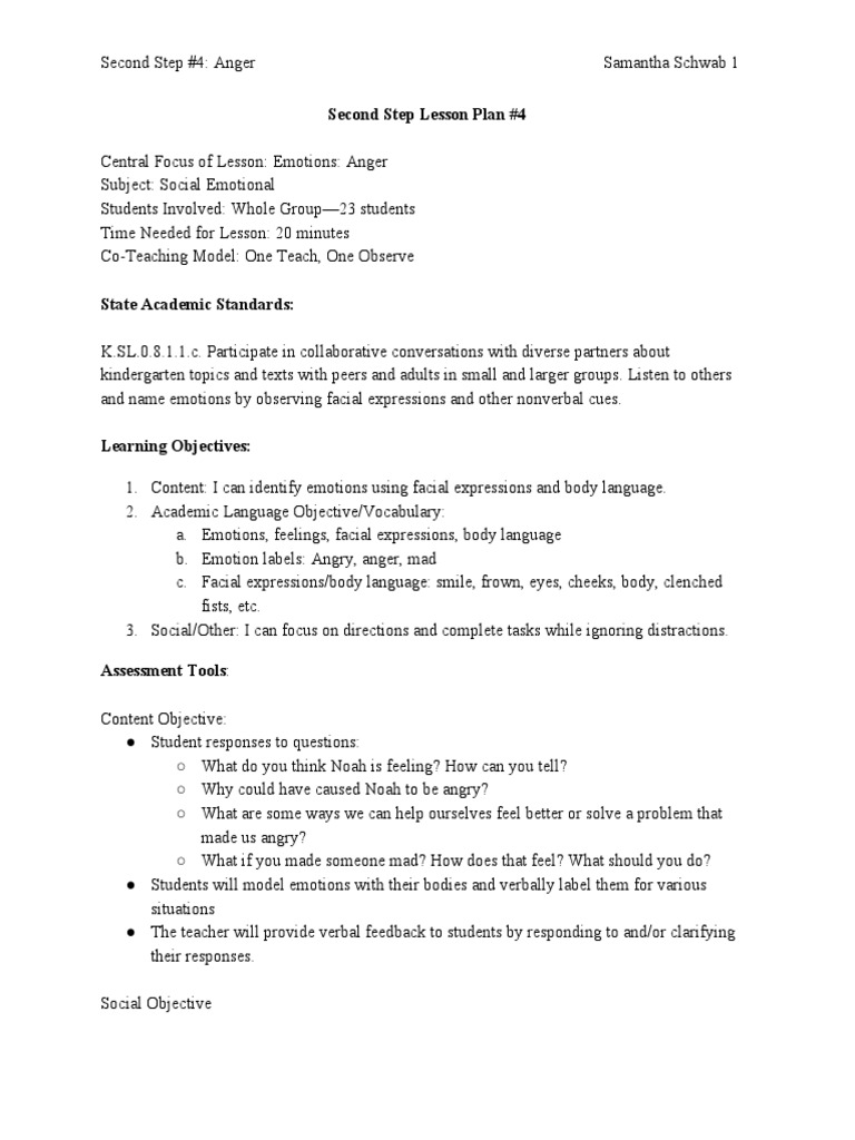 Second Step Lesson Plan 4 1 | PDF | Anger | Body Language