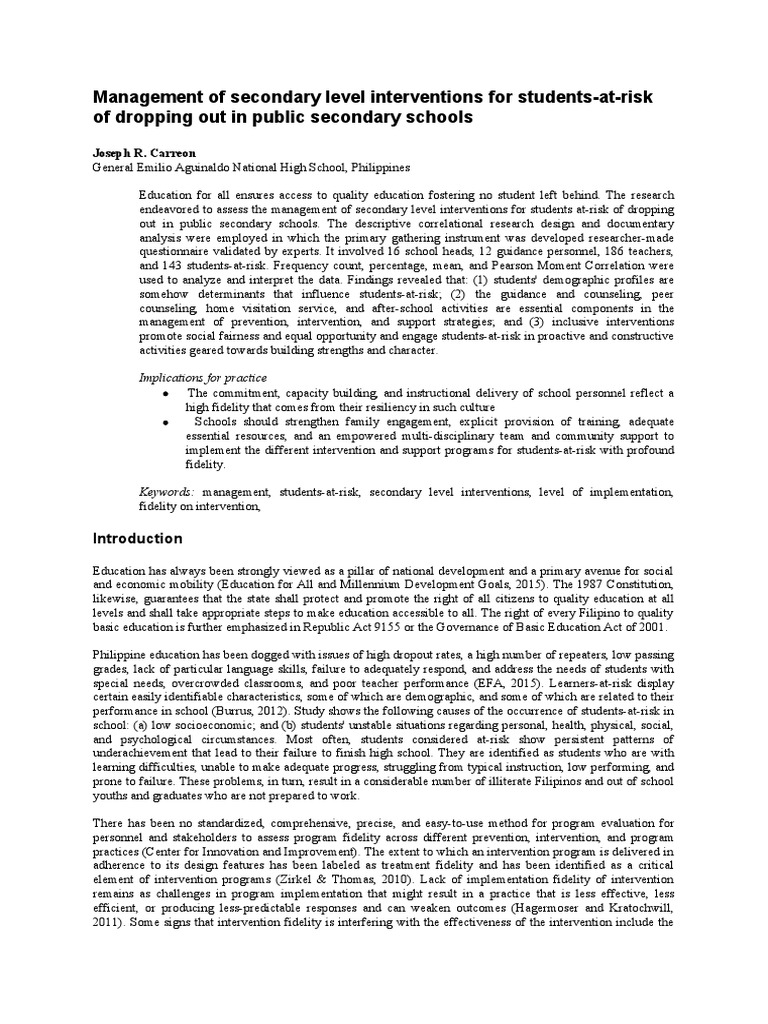 Management of Secondary Level Interventions For Students-At-risk of ...