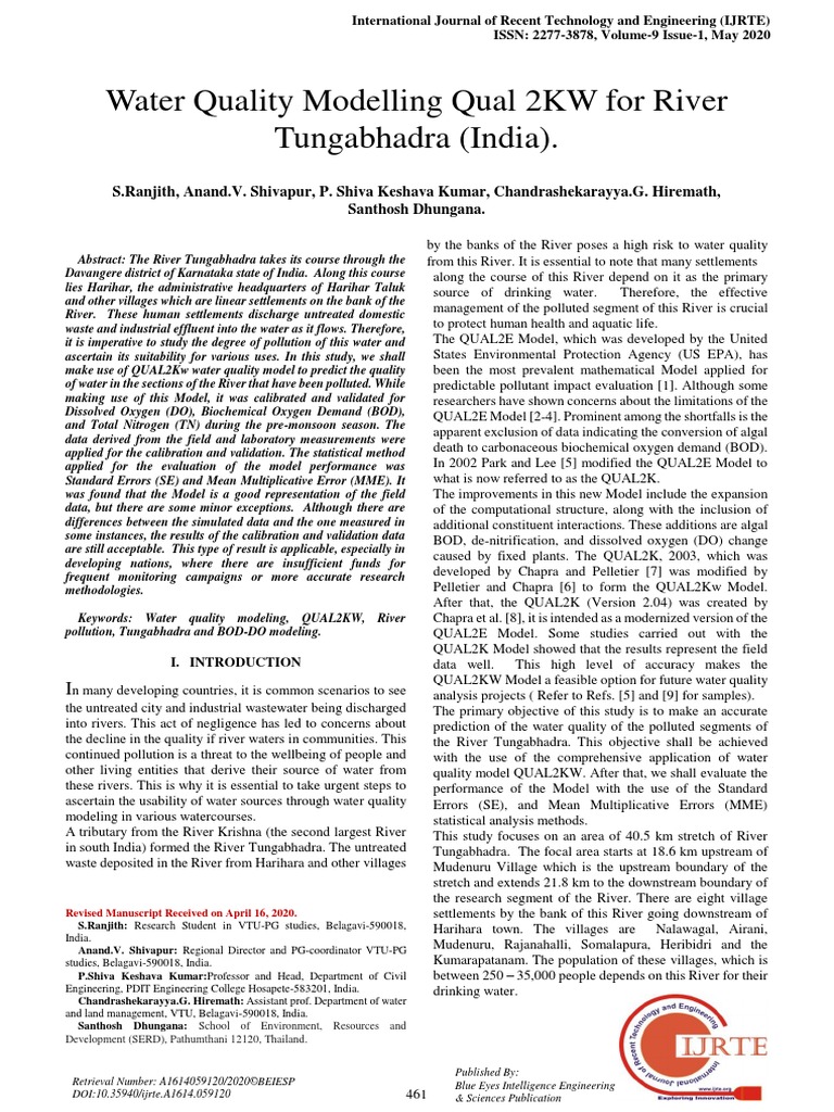 Water Quality Modelling Qual 2KW For River Tungabhadra (India) . | PDF ...