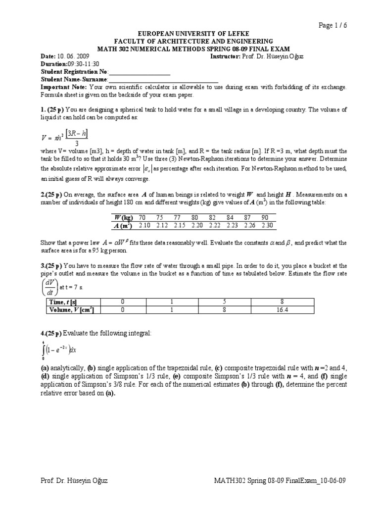 NumericalMethods FinalExamQ&As | PDF | Mathematical Relations | Mathematical Analysis