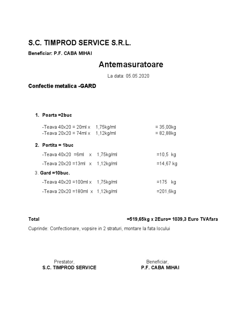 Antemasuratoare: S.C. Timprod Service S.R.L | PDF
