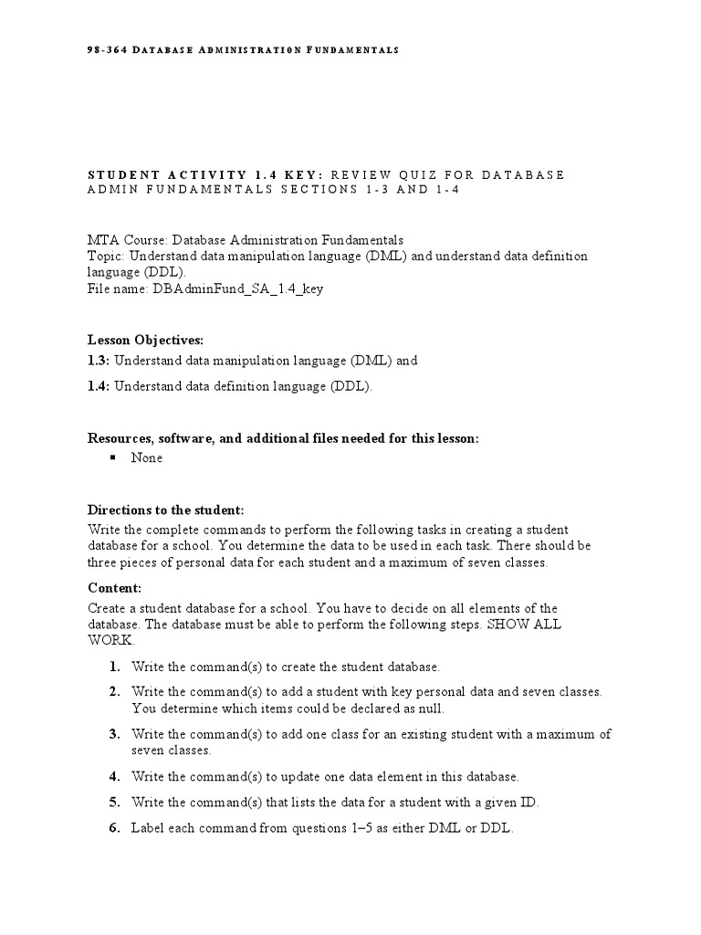 Student Activity 1.4 Key: Review Quiz For Database: Admin Fundamentals ...