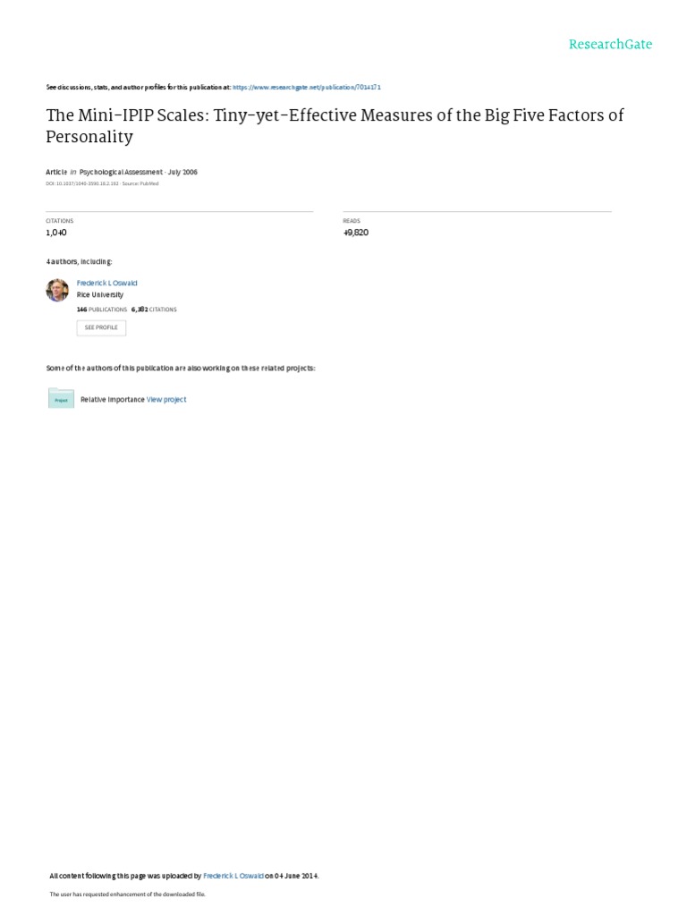 The Mini-IPIP Scales: Tiny-yet-Effective Measures of The Big Five Factors of Personality | PDF ...