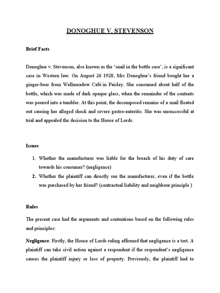 Donoghue V Stevenson | PDF | Duty Of Care | Negligence