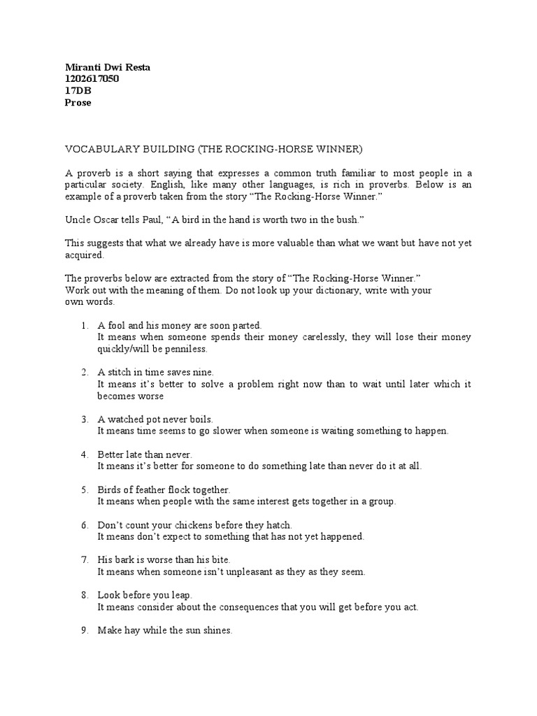 Vocabulary - The Rocking-Horse Winner | PDF | Proverb