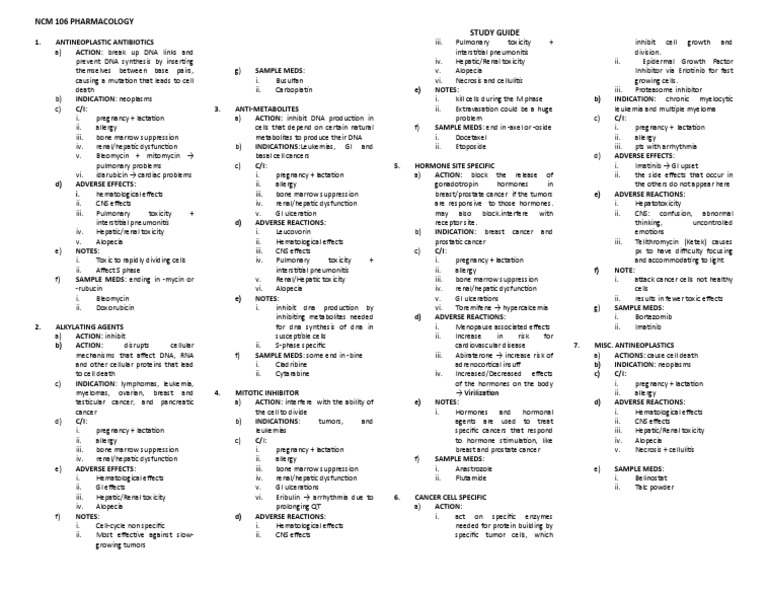 NCM 106 Pharmacology Study Guide | PDF | Chemotherapy | Cancer