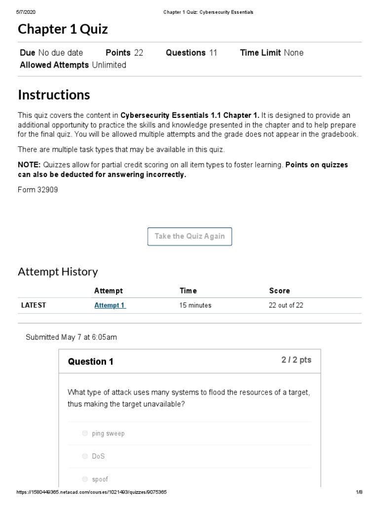 Chapter 1 Quiz - Cybersecurity Essentials | PDF | Denial Of Service Attack | Computer Security