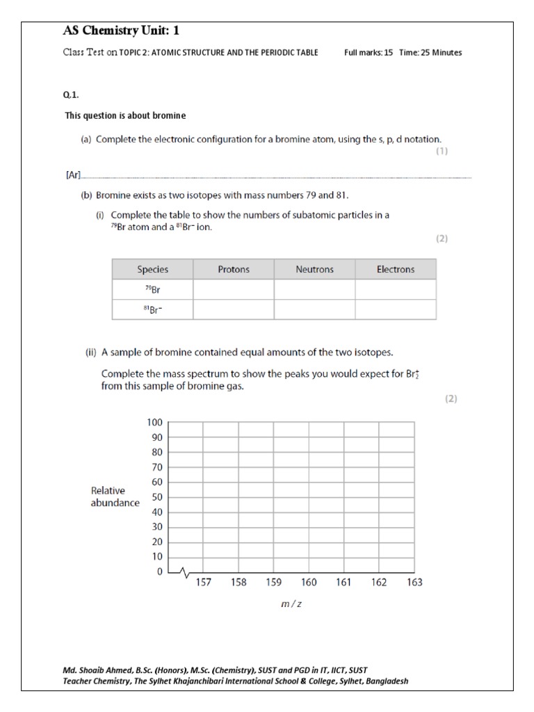 AS Chemistry Unit: 1: Class Test On | PDF
