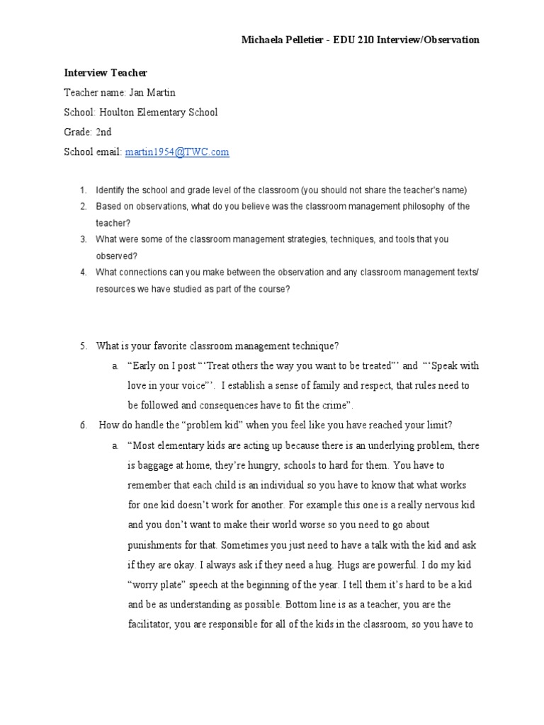 Interview Teacher Pdf Classroom Management Communication