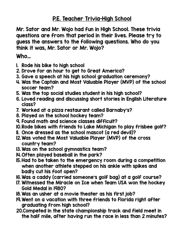 Pe Teacher Trivia-High School | PDF