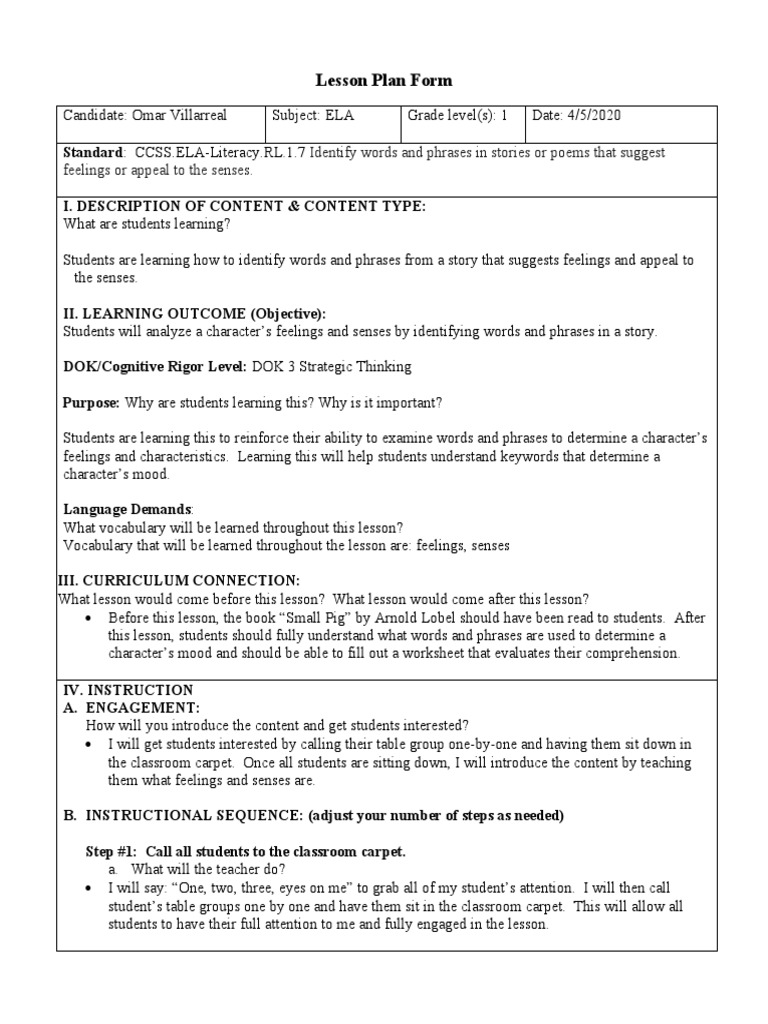 Lbs 400 Ela Lesson Plan | PDF | Cognition | Behavior Modification