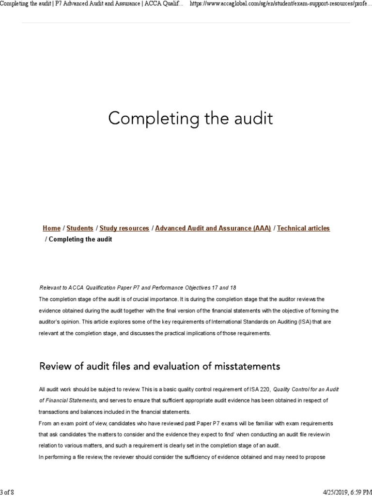 Completing The Audit - P7 Advanced Audit and Assurance - ACCA ...