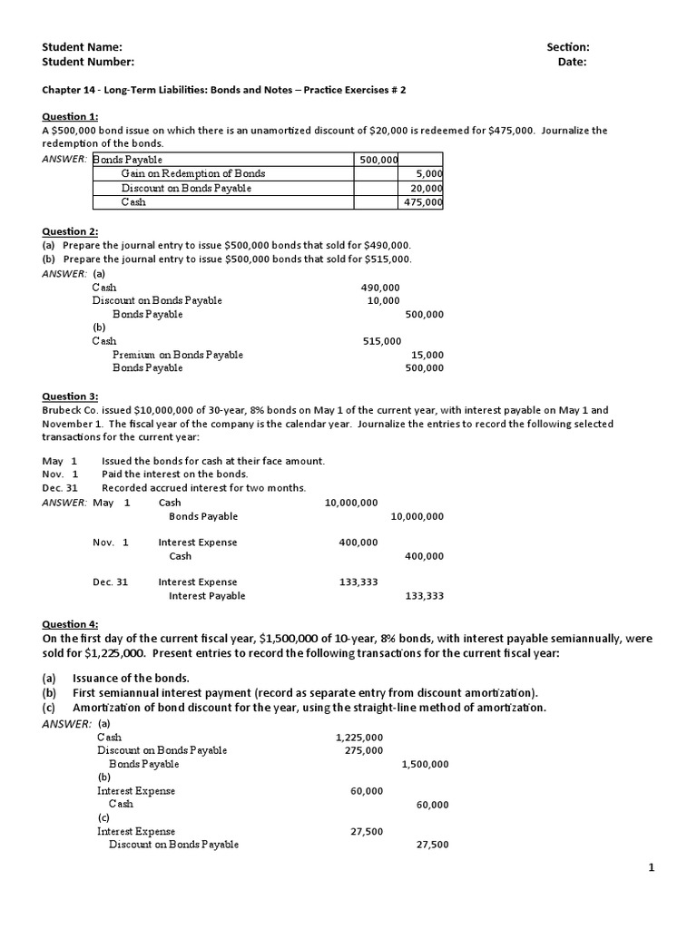 Practice Exercises # 2 - CH 14 | PDF | Bonds (Finance) | Discounting