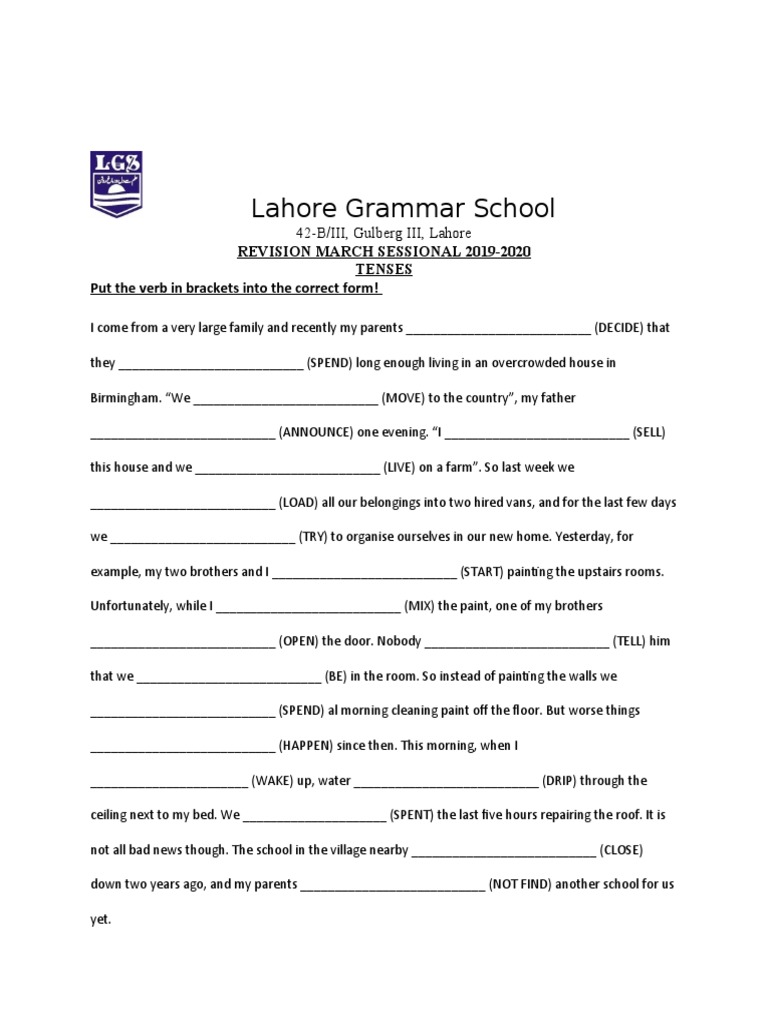 Lahore Grammar School: Revision March Sessional 2019-2020 Tenses Put ...