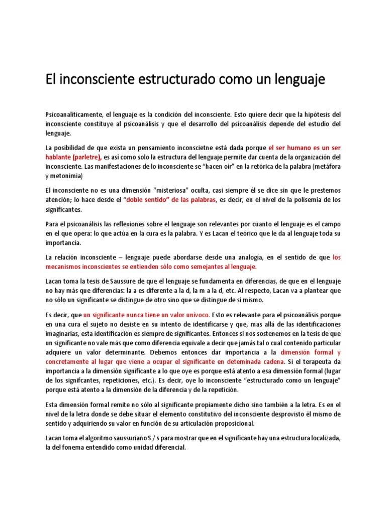 El Inconsciente Estructurado Como Un Lenguaje Psicoanálisis Jacques