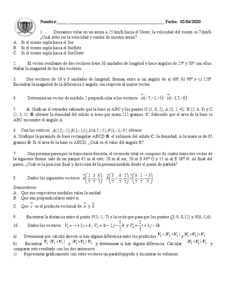 Actividad Vectores y Operaciones PDF | PDF | Vector Euclidiano | Enseñanza de matemática