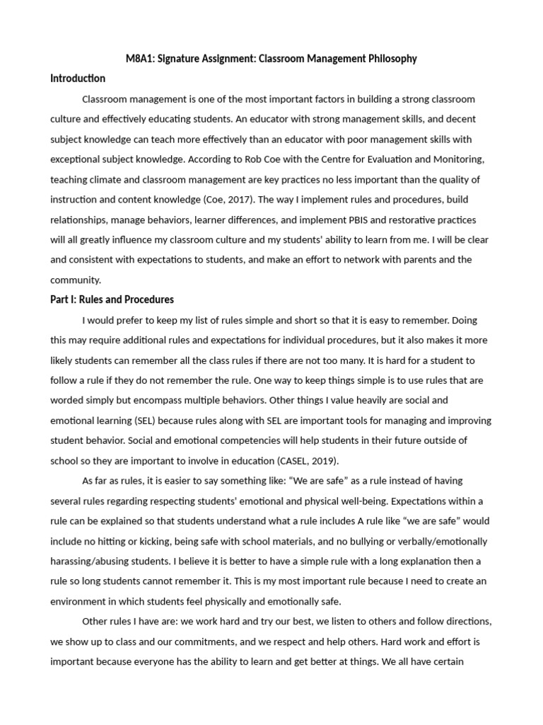 M8A1: Signature Assignment: Classroom Management Philosophy | PDF ...