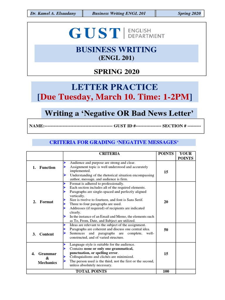 Letter Practice Writing Negative or Bad News Letters-SPRING 2020 PDF ...