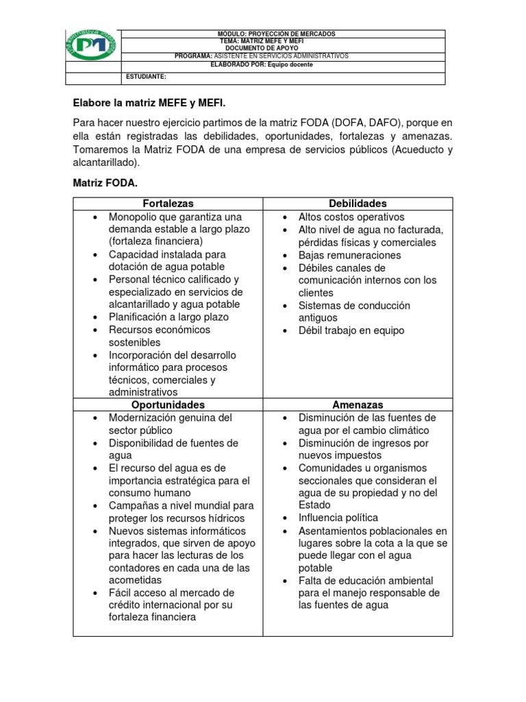 Ejercicio Resuelto Matriz MEFE y MEFI | PDF | Análisis FODA | Agua