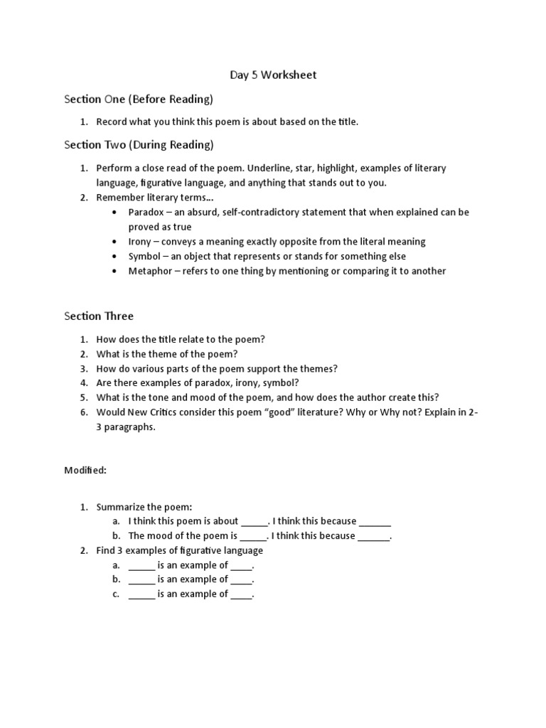 Analyzing Poetic Elements Worksheet | PDF | General Fiction