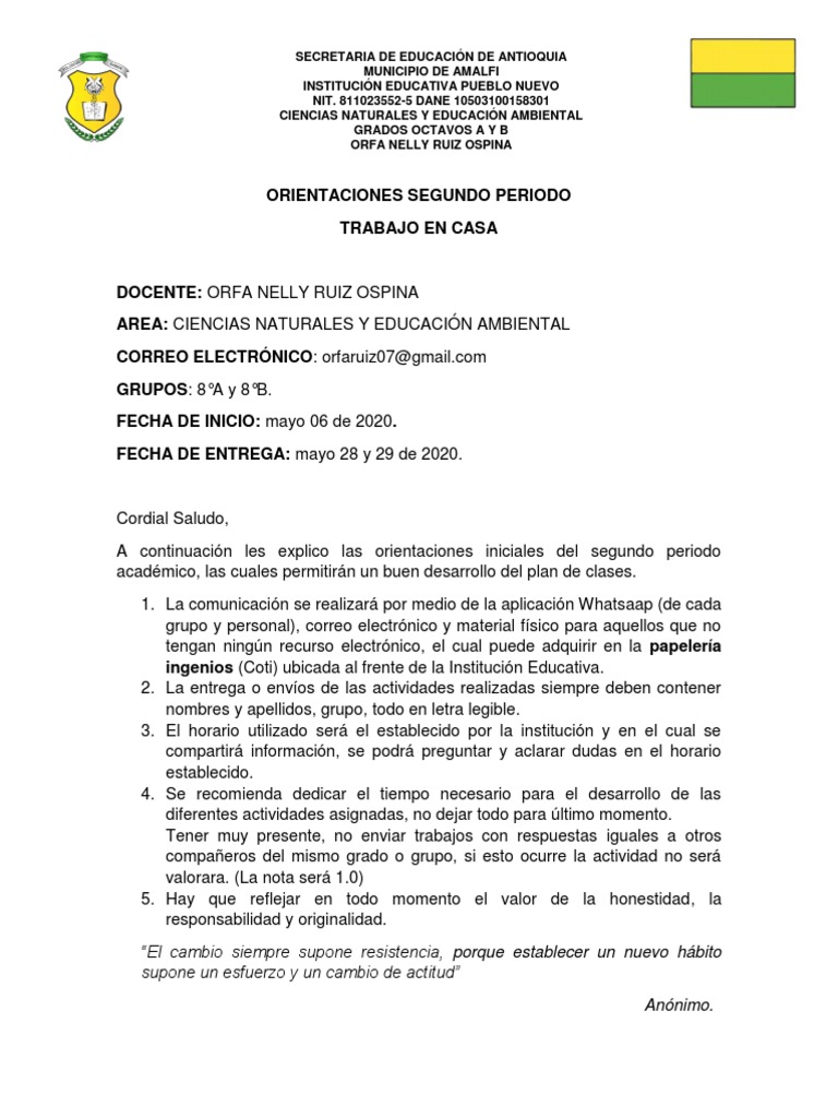 Taller Ciencias Naturales 8 A 8 B Orfa Ruiz - Ok | PDF | Mutación | Gene