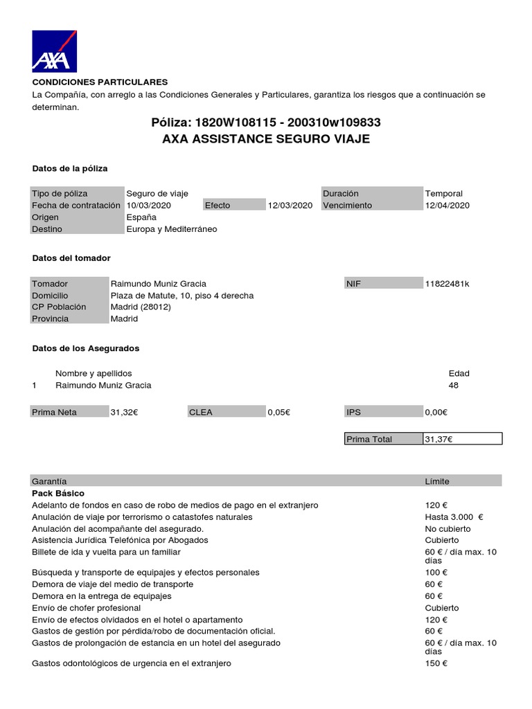 AxaPliza1820W108115 - Copiar PDF | PDF | Póliza de seguros | Seguro