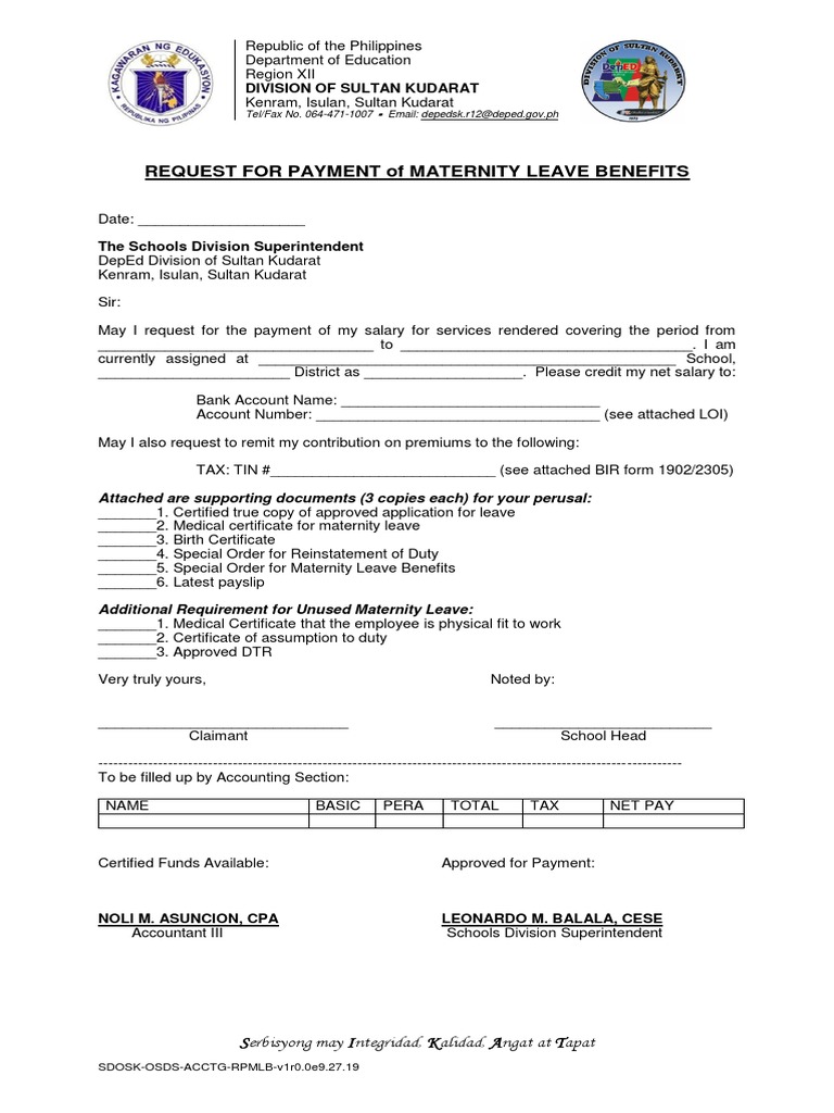 Maternity Leave Payment Request Form | PDF | Payments | Government Finances